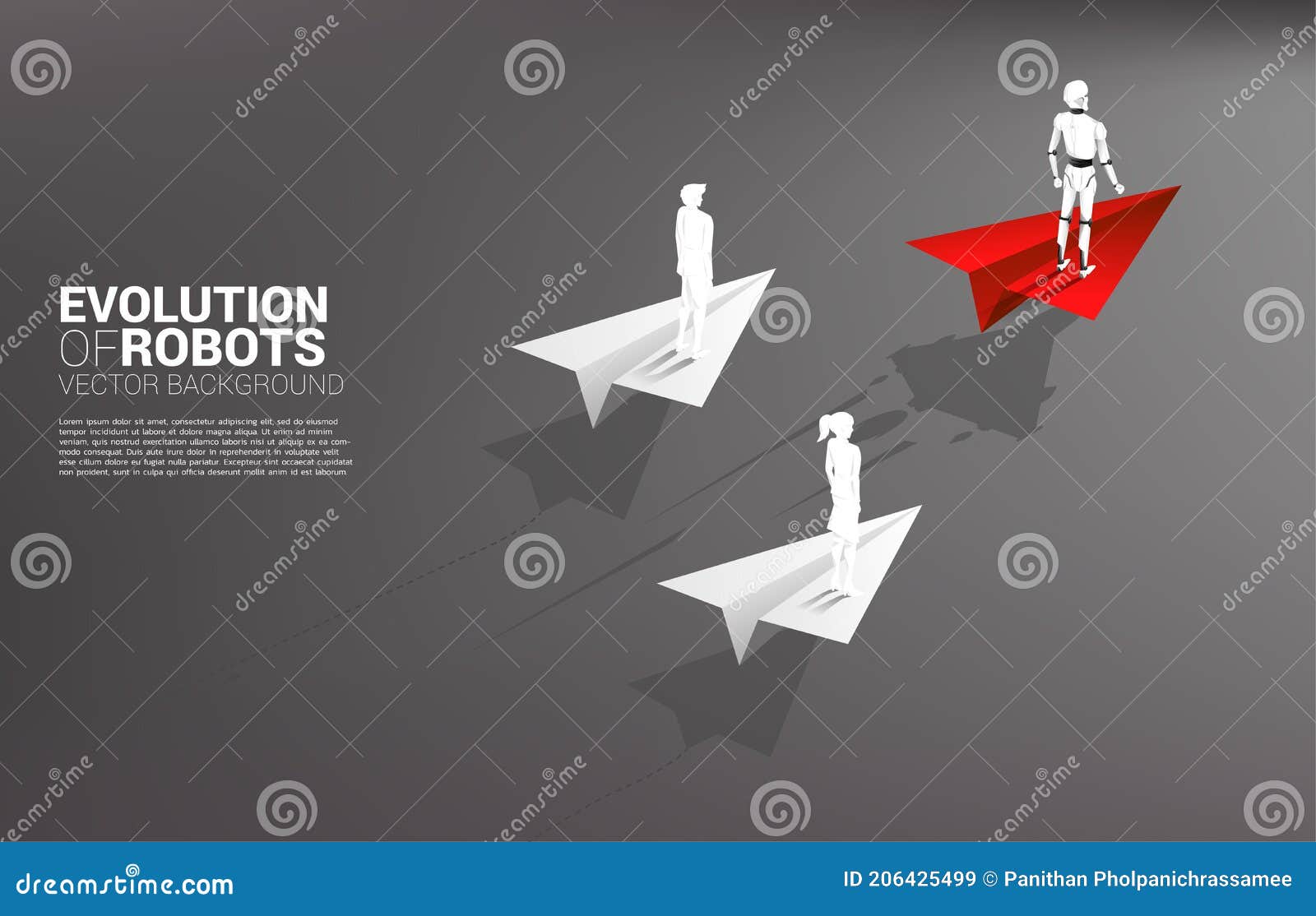 Silhouette Robot Standing On Faster Paper Airplane Stock Vector