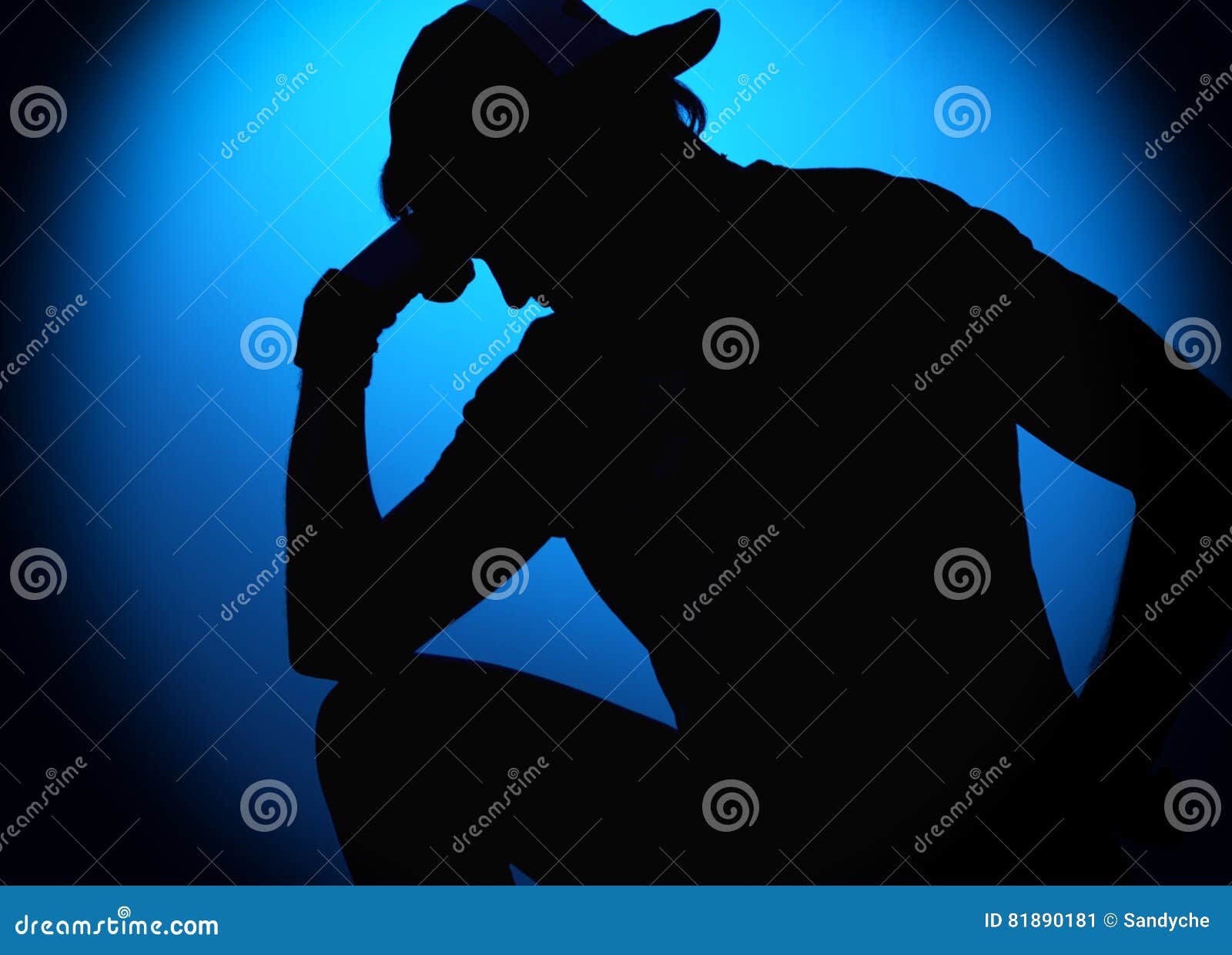 Silhouette Rocker Man Posing on Blue Background Stock Image - Image of ...