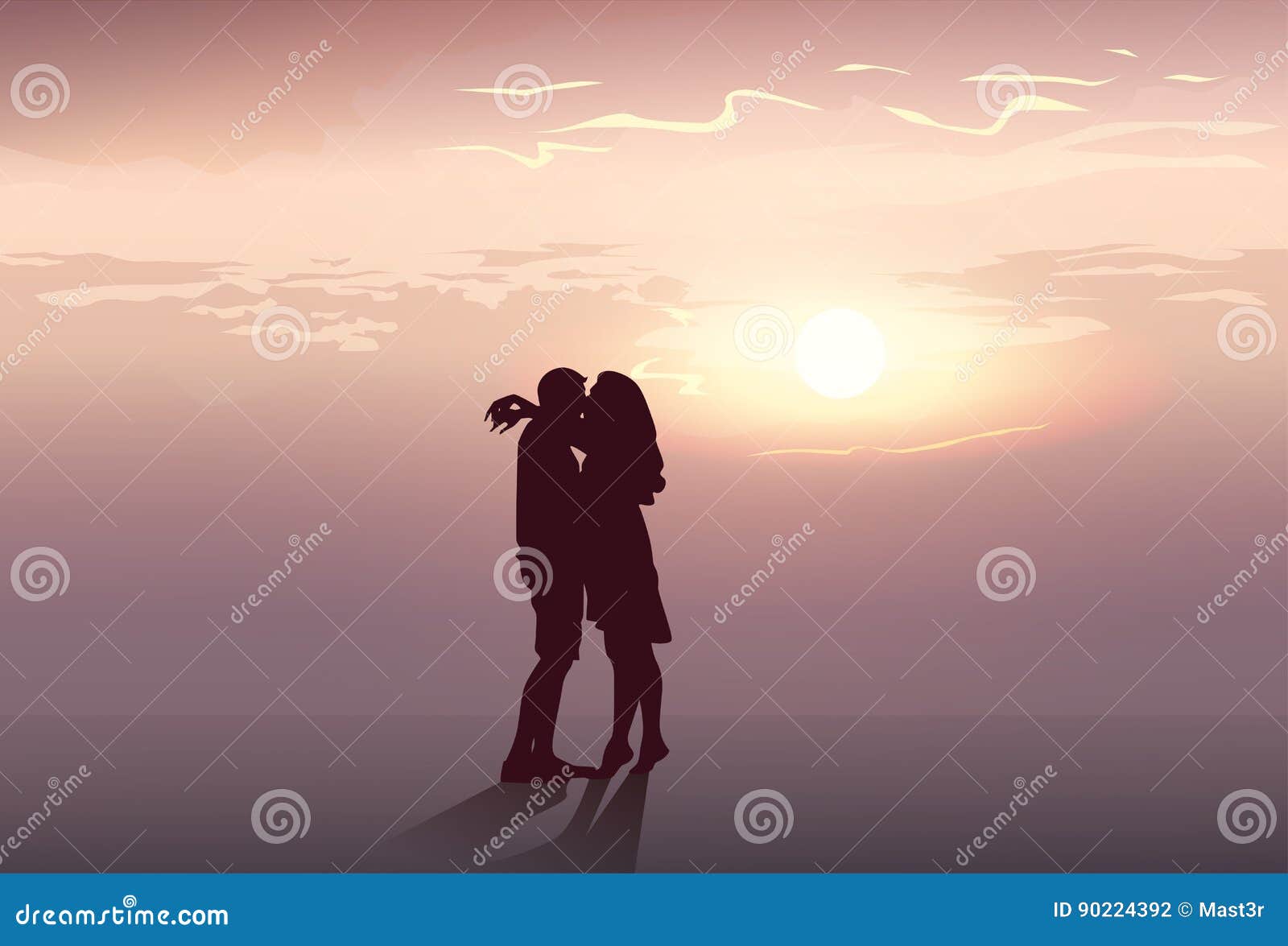 Silhouette Romantic Couple Embrace At Sunset Lovers Man And Woman Kiss