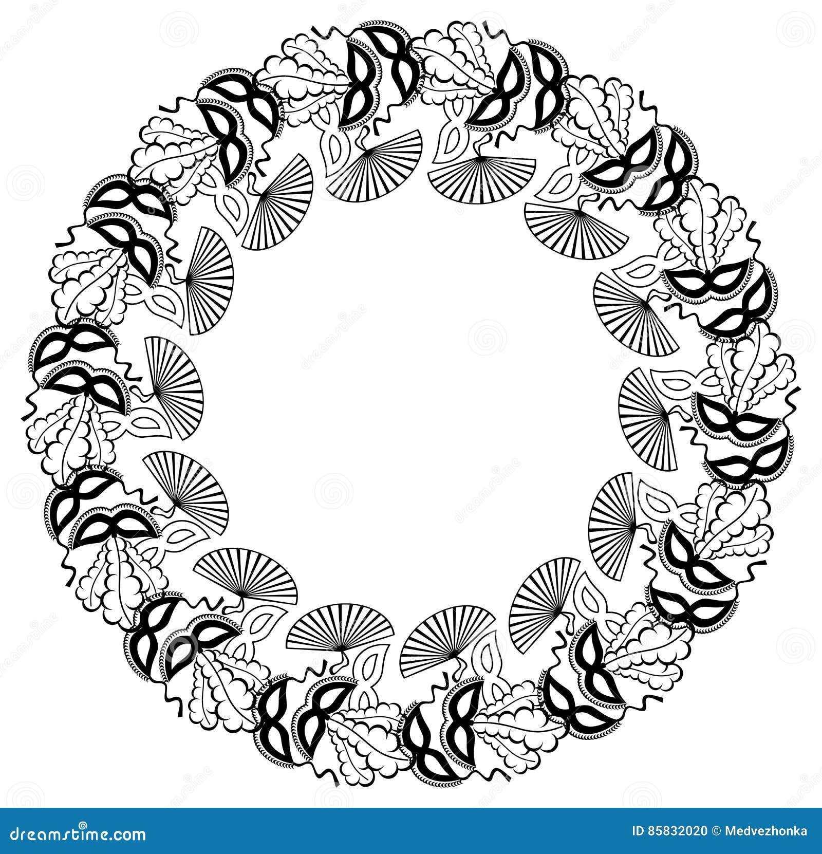 Silhouette Round Frame with Carnival Masks. Raster Clip Art. Stock ...