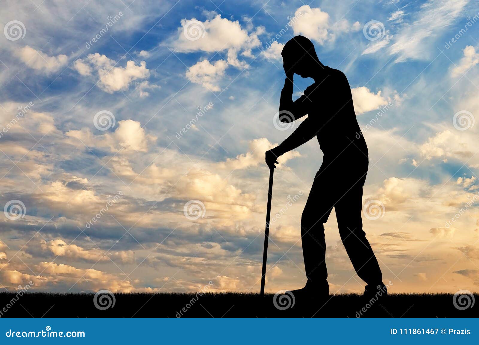 Silhouette of a Sad Disabled Man with a Cane in His Hand Stock Image ...
