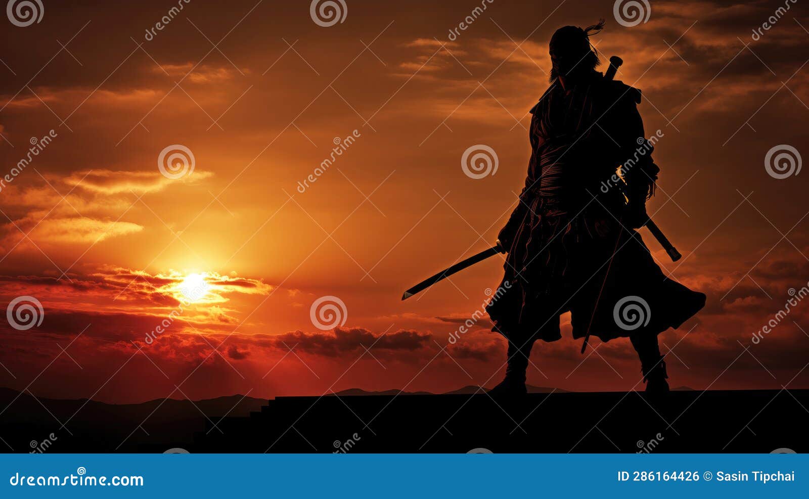 Silhouette of a Samurai Posing during Sunset Stock Illustration ...