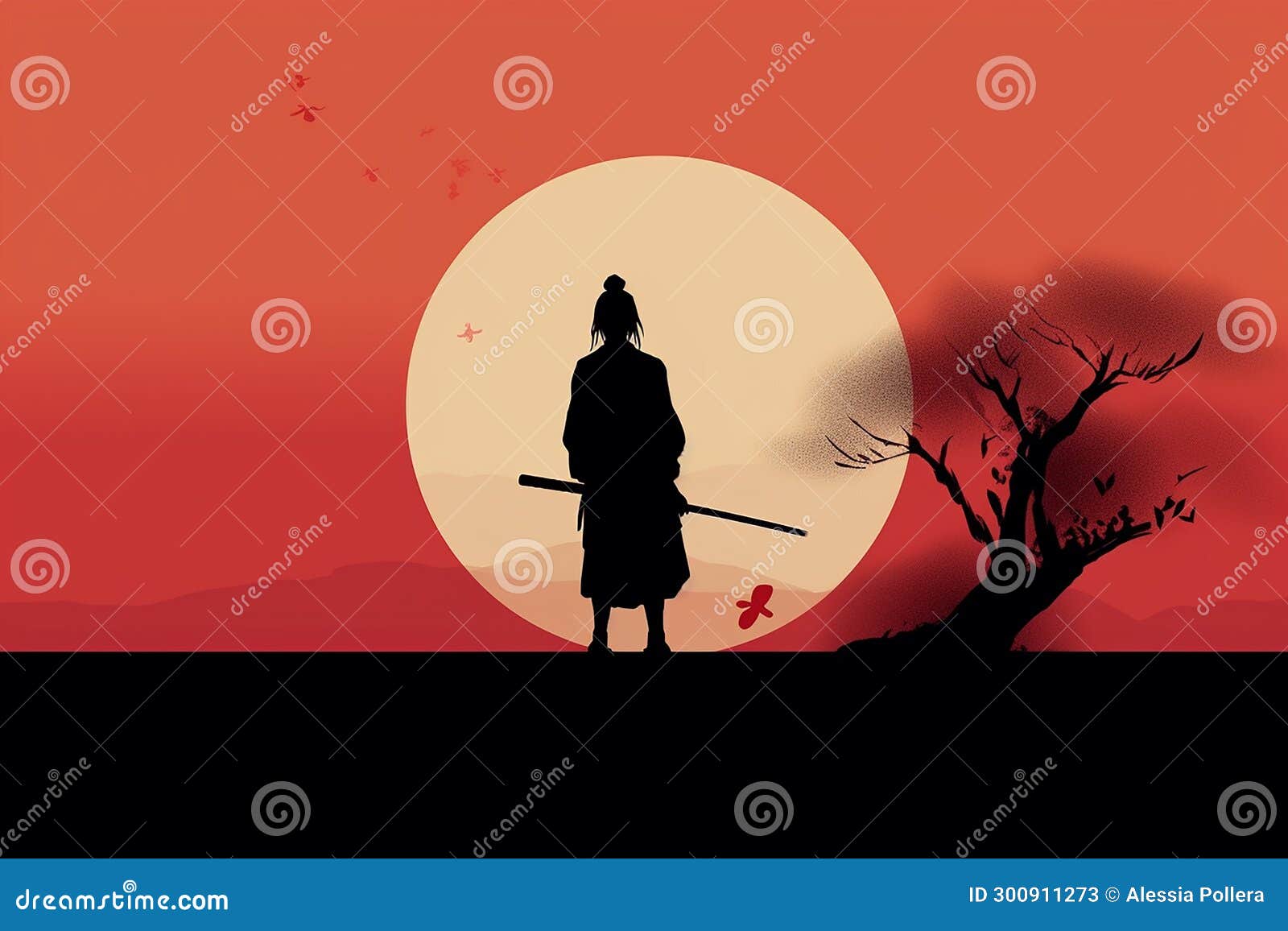 Silhouette of a Samurai Standing Against a Large Moon with a Red Sky ...