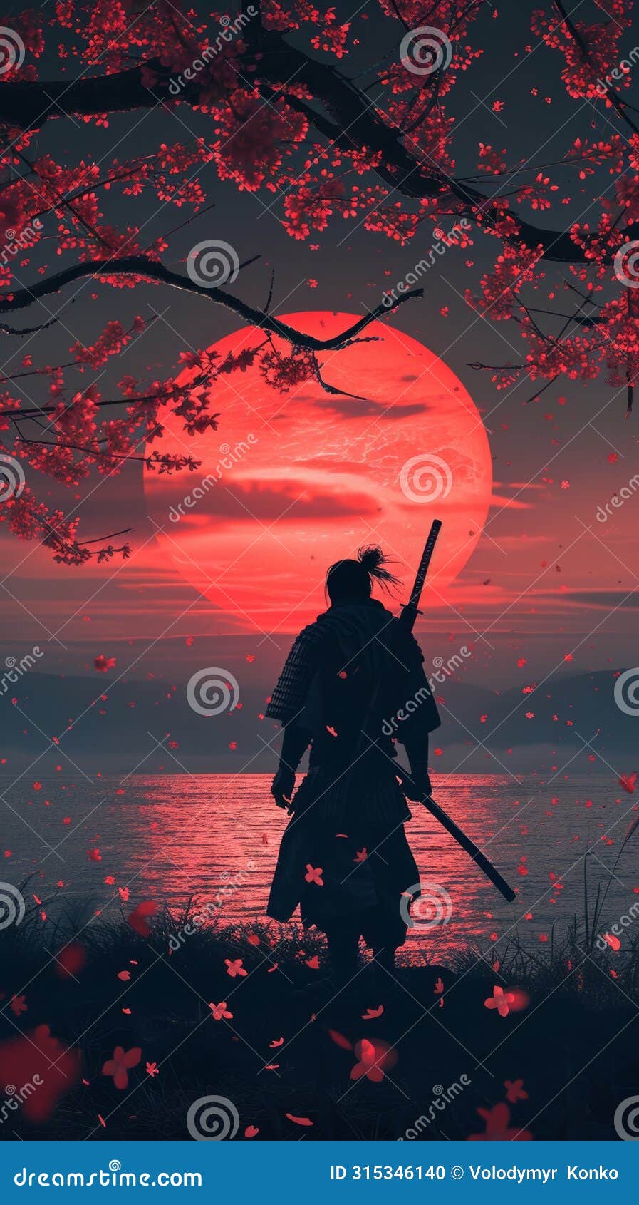 Silhouette of a Samurai Standing Under Cherry Blossoms with a Large Red ...