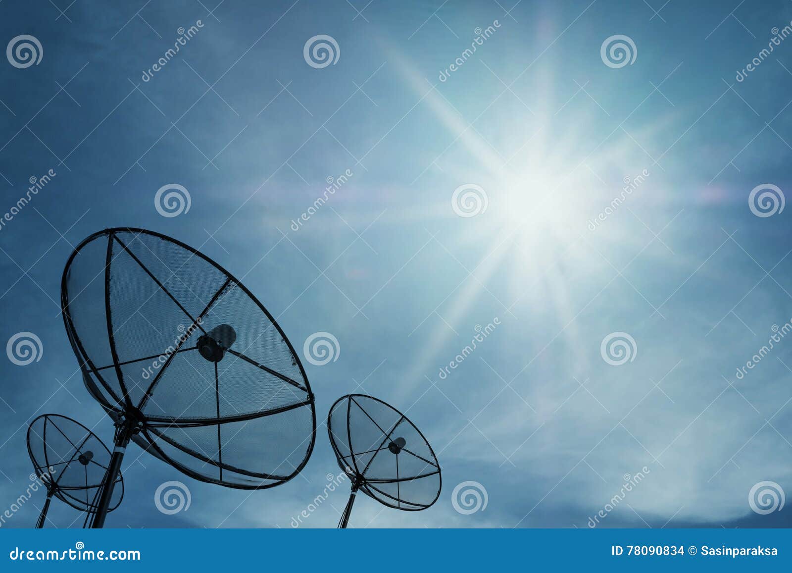 Silhouette, Satellite Dish On Blue Sky With Bright Sun Rays Shining ...
