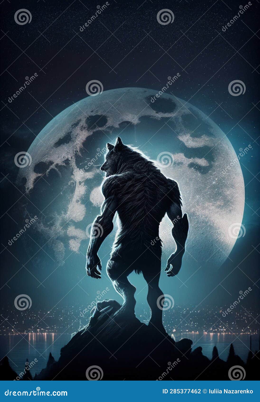 Silhouette of a Scary Werewolf Against the Background of the Full Moon ...
