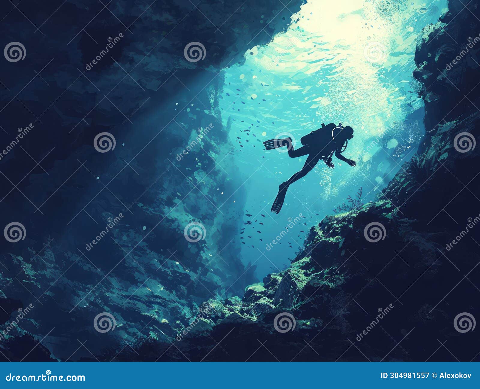 Silhouette of Scuba Diver in Deep Blue Water. Illustration Generative ...