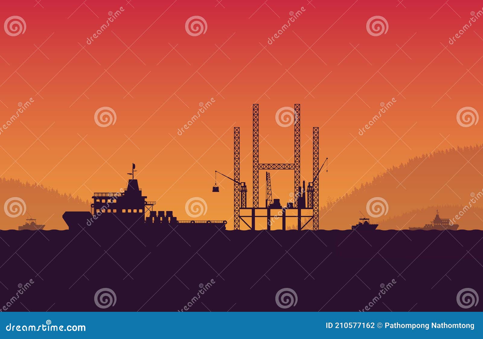 Service Vessel Ship with Operation Petroleum Platform on Orange ...
