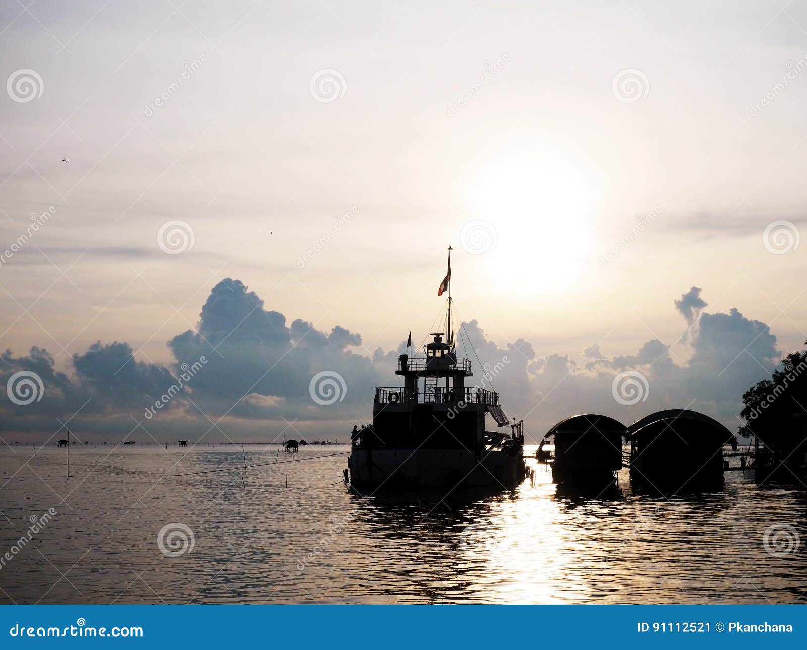 Silhouette Ship Restaurant Floating at Sunrise Stock Image - Image of ...