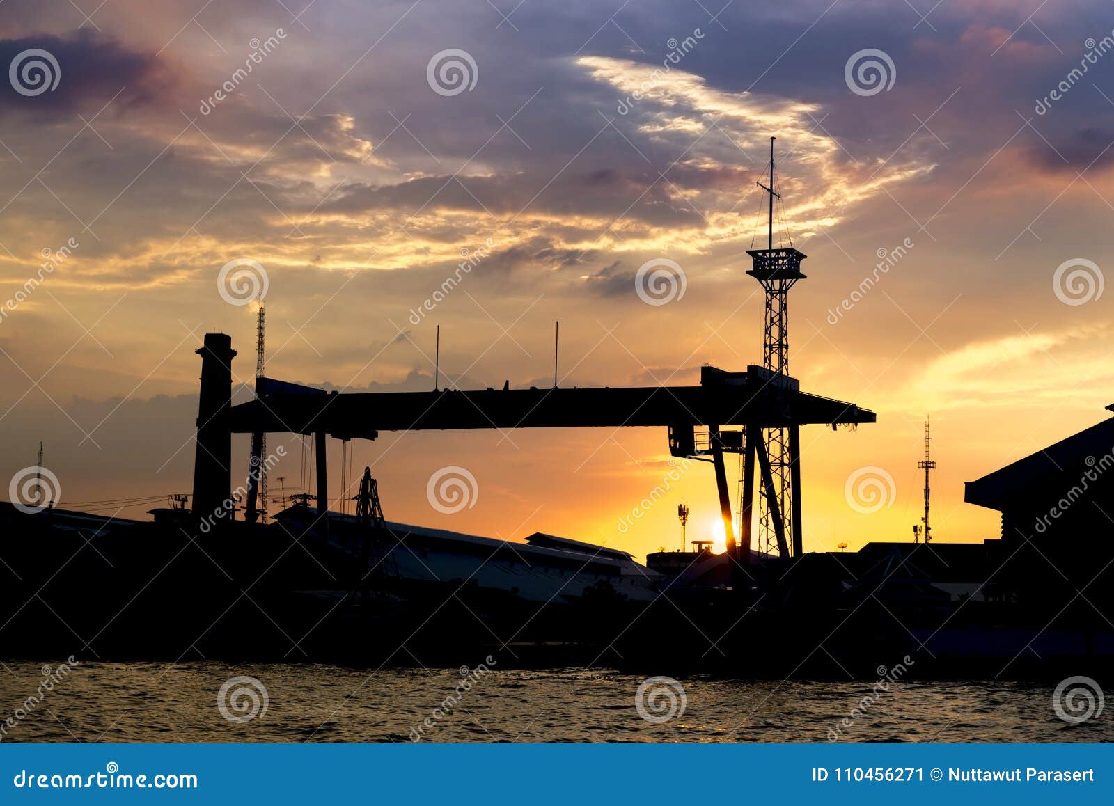 A Silhouette of Shipyard with Sunset / Sun Rise Screen Background Stock ...