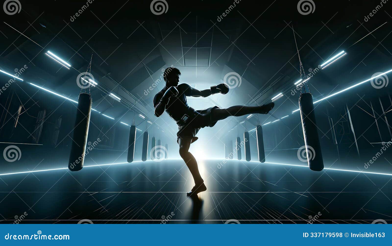 A Silhouette of a Single Figure Practicing Thai Boxing in a VR ...