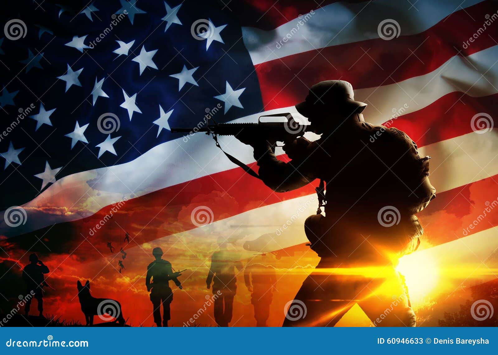 Silhouette Soldier at Sunset Stock Image - Image of america, flag: 60946633