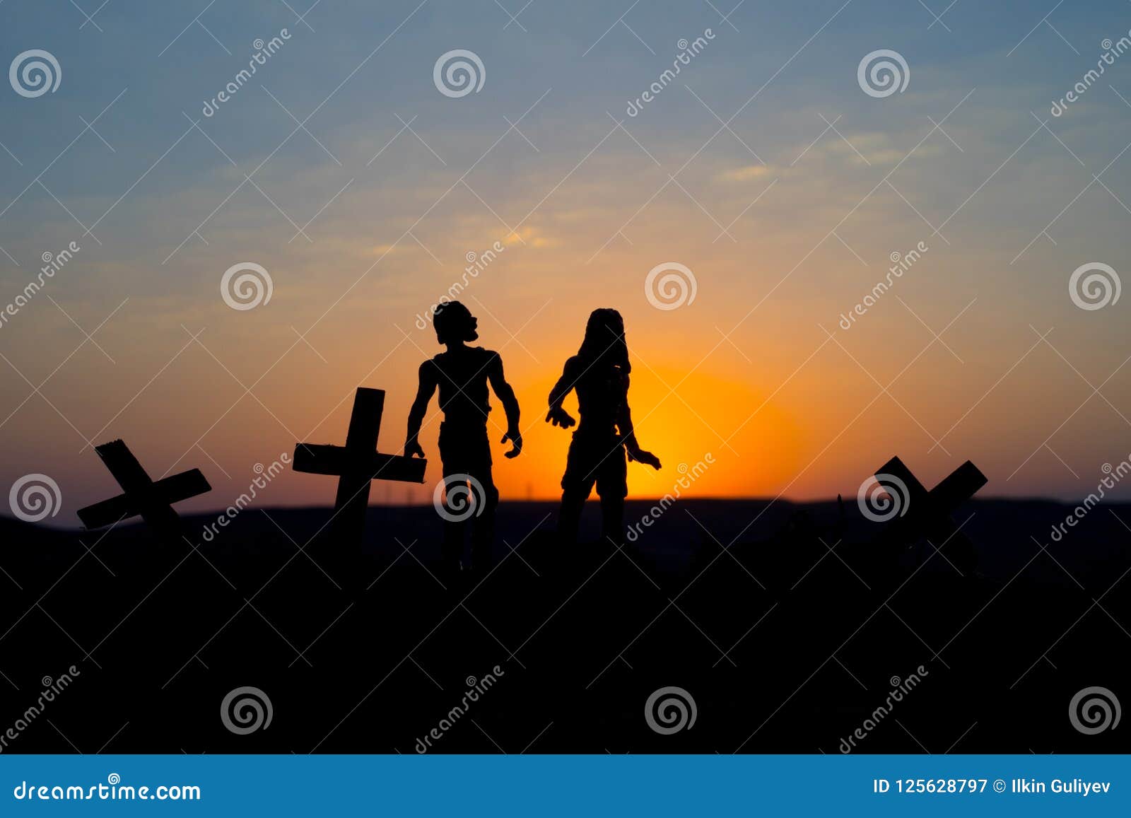 Silhouette Some Zombies on the Cemetery Walking Around at Sunset Stock ...