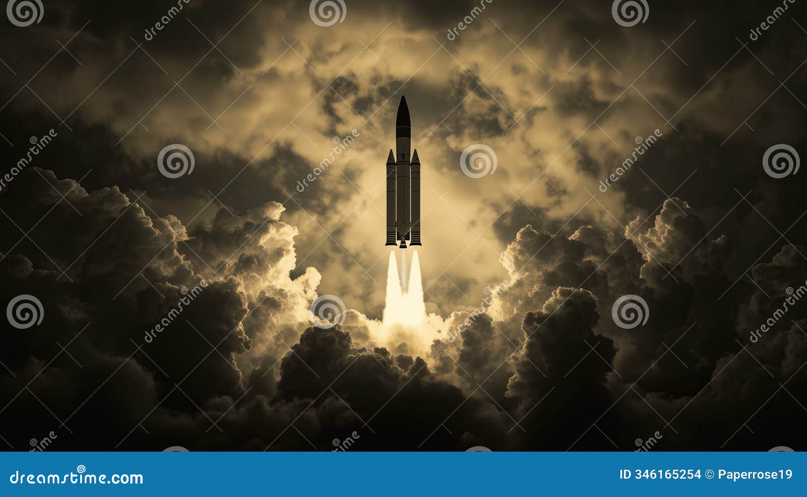 Silhouette of a Space Shuttle or Missile Launches through Dark Clouds ...