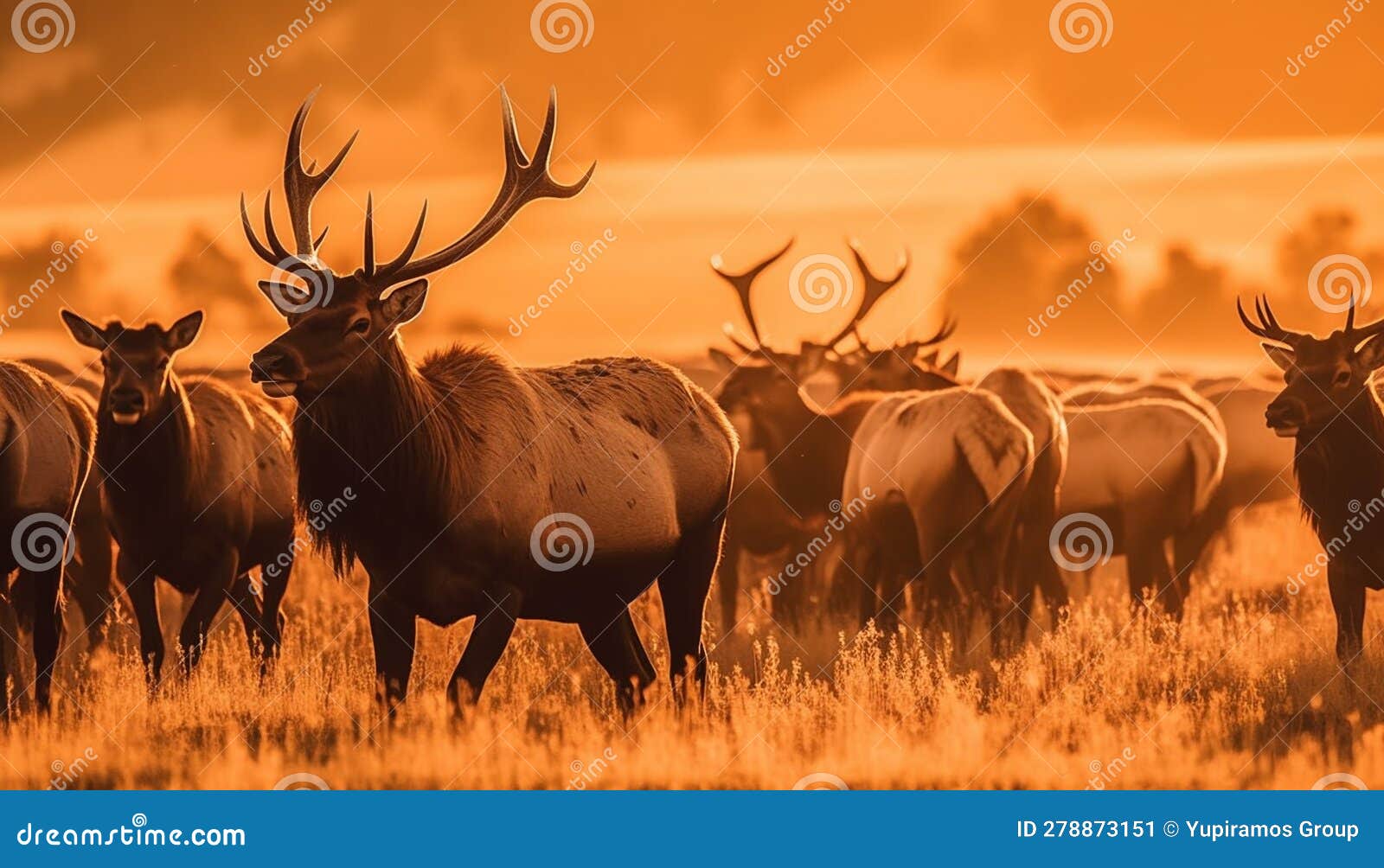 Silhouette Stag Grazing in Meadow at Sunset, Nature Beauty Generated by ...