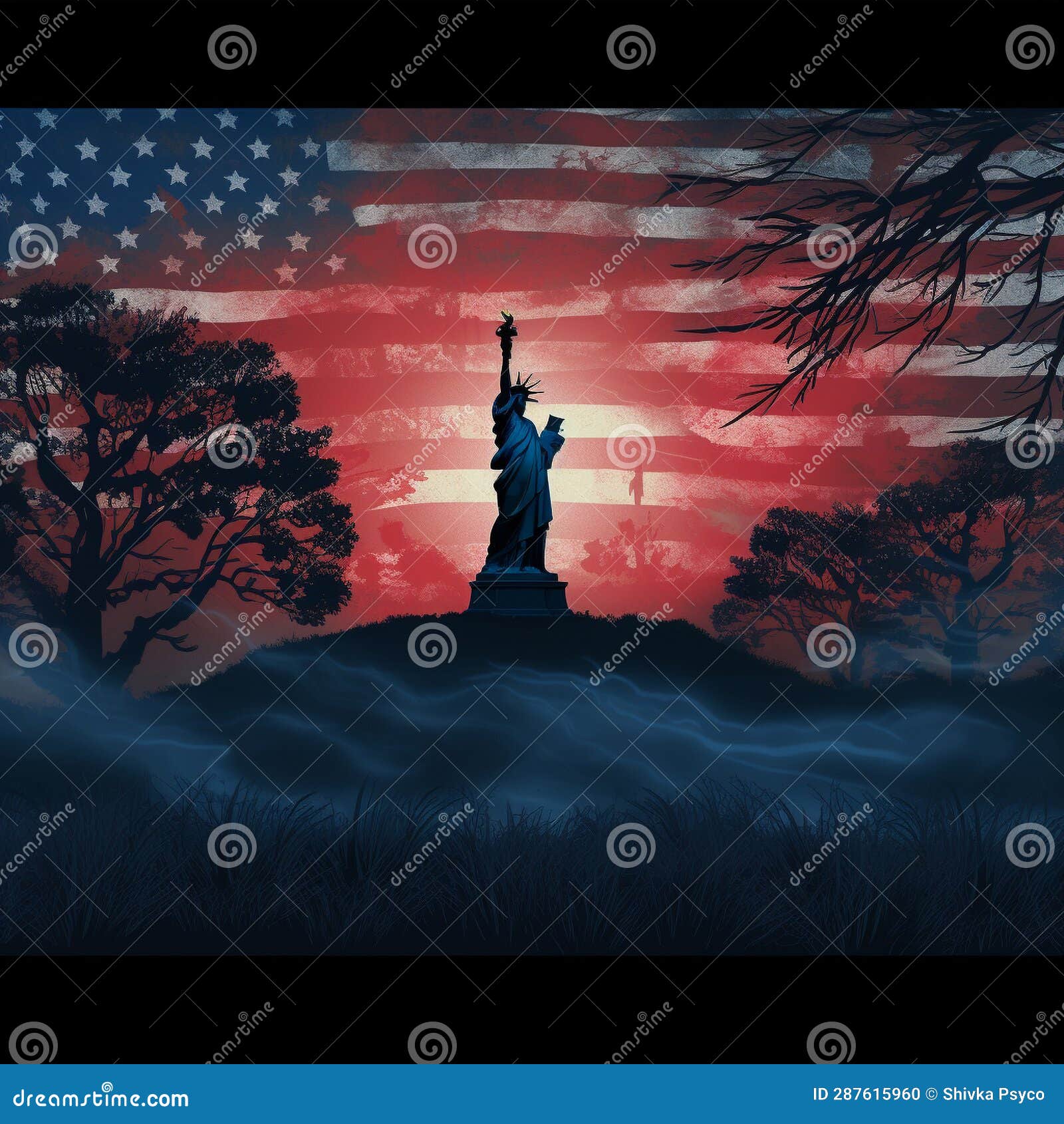 Silhouette of Statue of Liberty with USA Flag and Trees Background ...