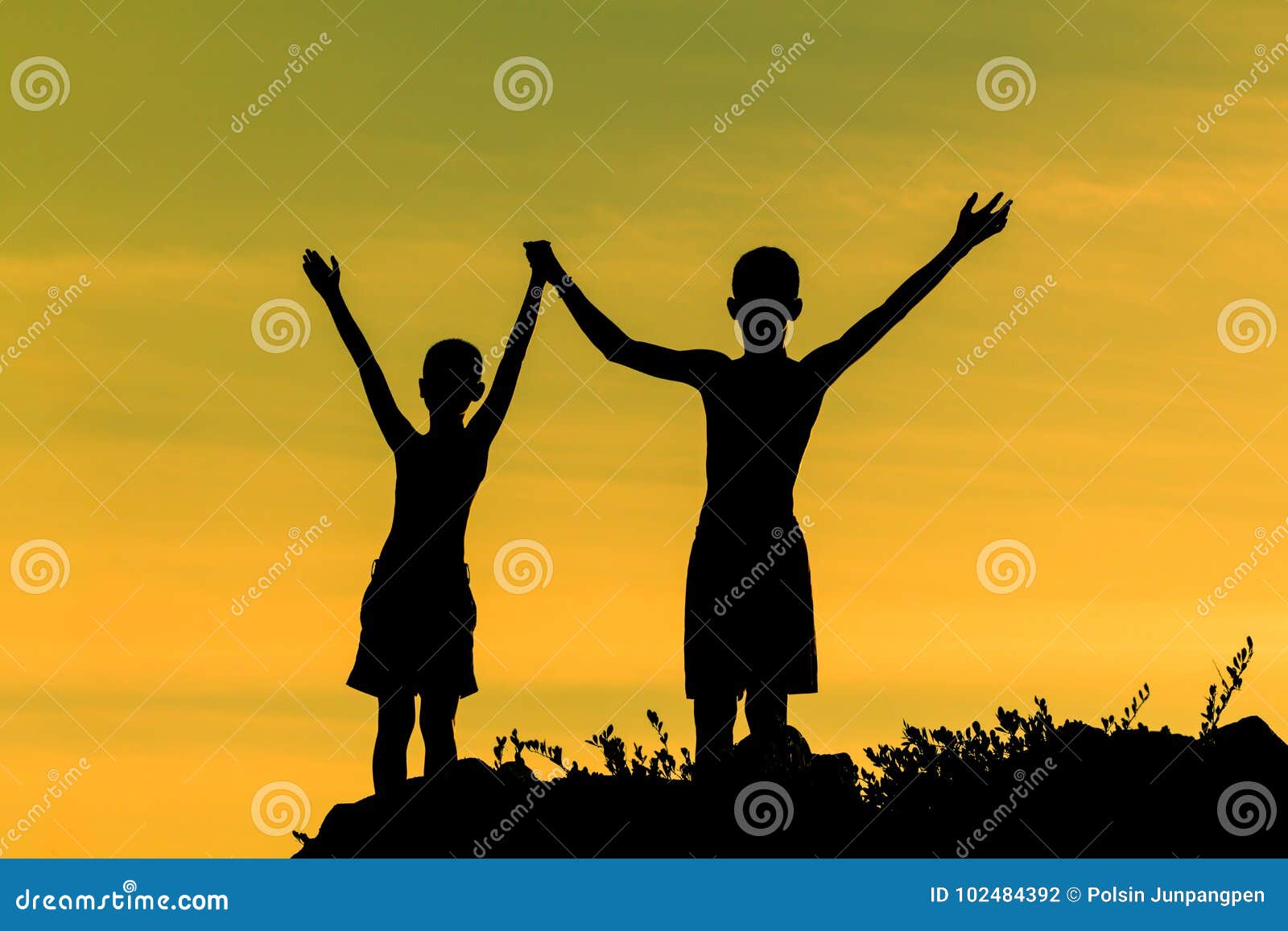 Success Boy on the Mountain Stock Photo - Image of silhouette, climb ...