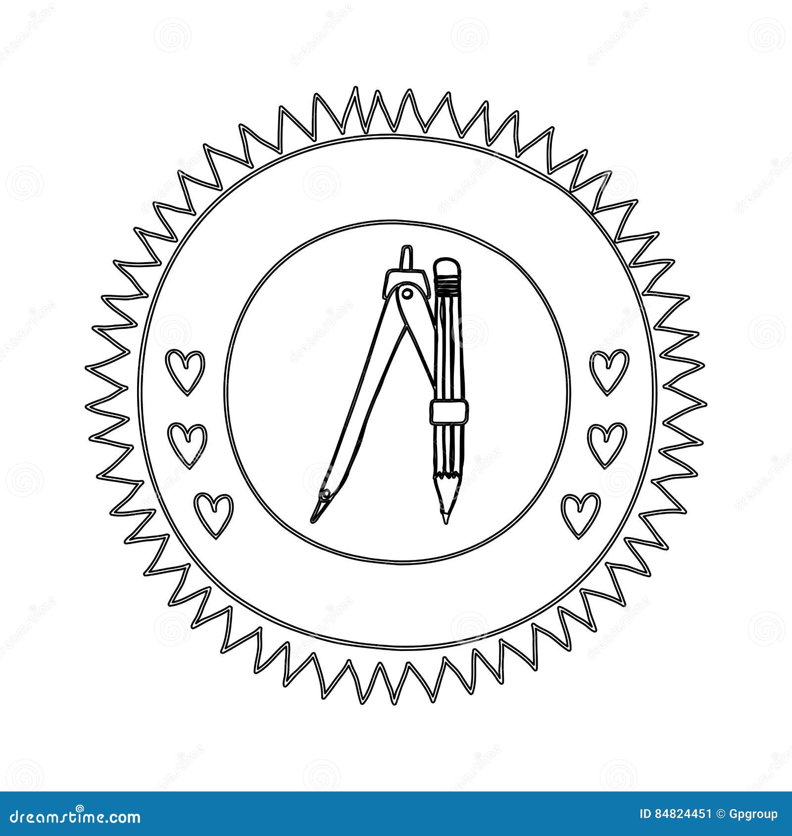 Silhouette Sun Shape with Hearts and Compass with Pencil Stock Vector ...