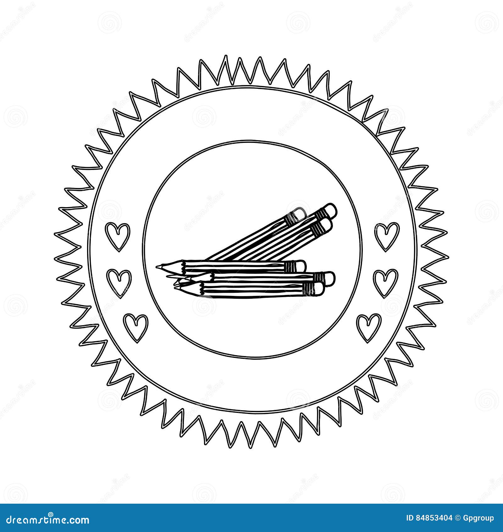 Silhouette Sun Shape with Hearts and Several Pencil Stock Vector ...