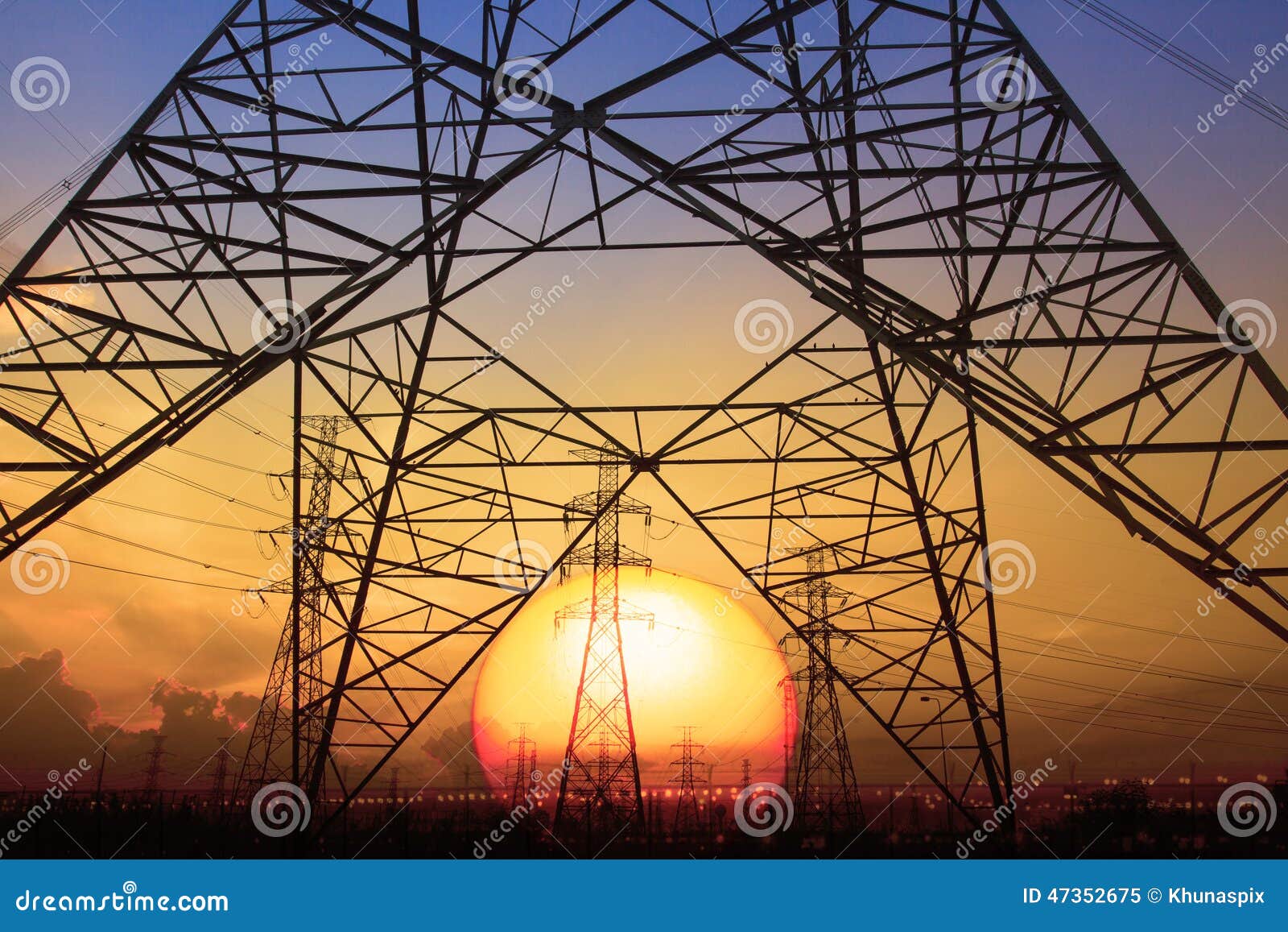 Silhouette Sunset Scene Of High Voltage Electrical Pole Structure Use ...