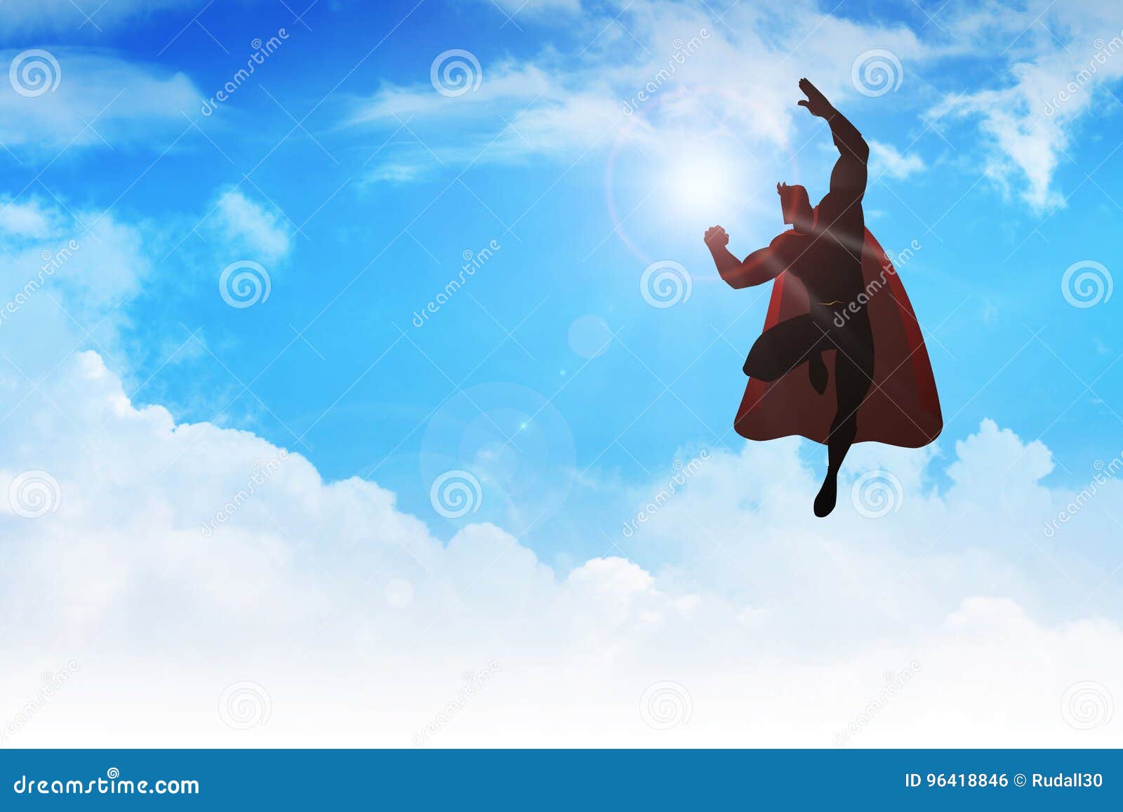 Silhouette of a Superhero Figure Flying on Clouds Stock Illustration ...
