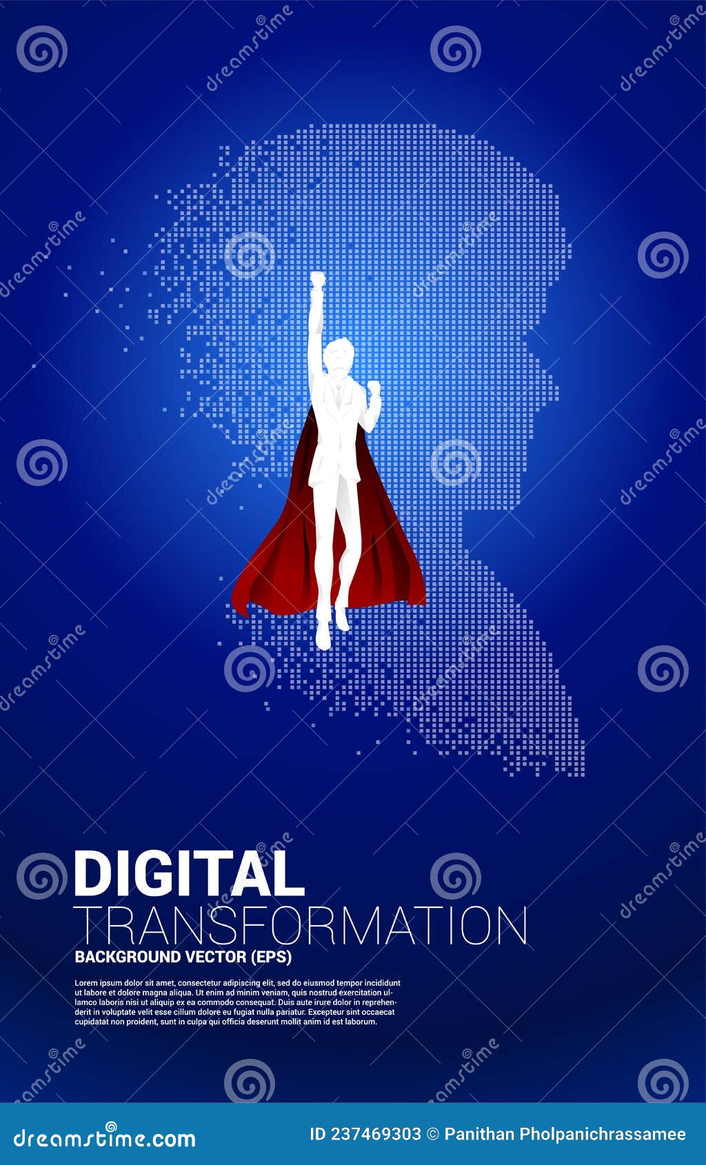 Silhouette Of Superhero Fly With Head From Pixel Transformation . Stock ...