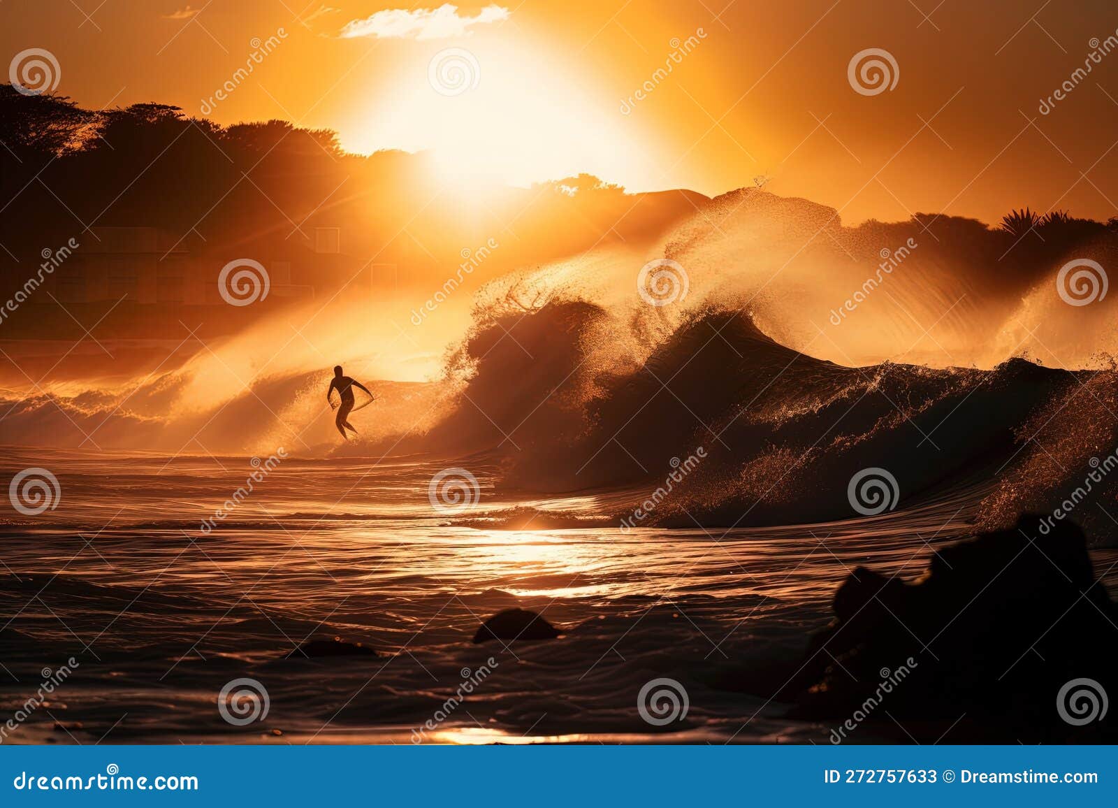 Silhouette of Surfer Catching the Wave with Sun on the Back ...