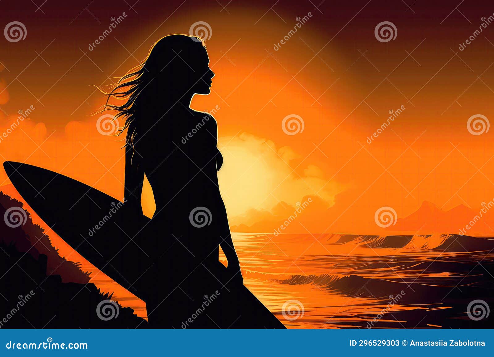 Silhouette of Surfer Girl at Sunset. Generative AI Stock Illustration ...