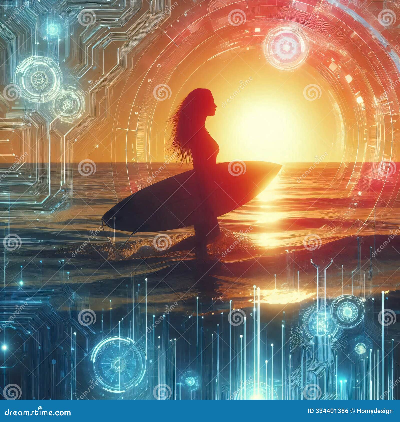 Silhouette of a Surfer at Sunset Intertwined with Futuristic Digital ...