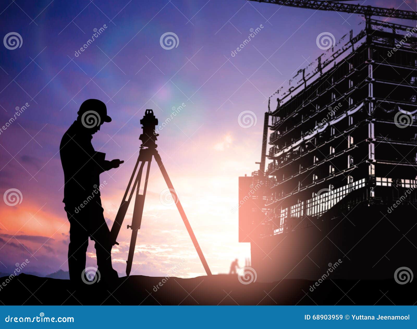 Silhouette Survey Engineer Working in a Building Site Over Blur Stock ...