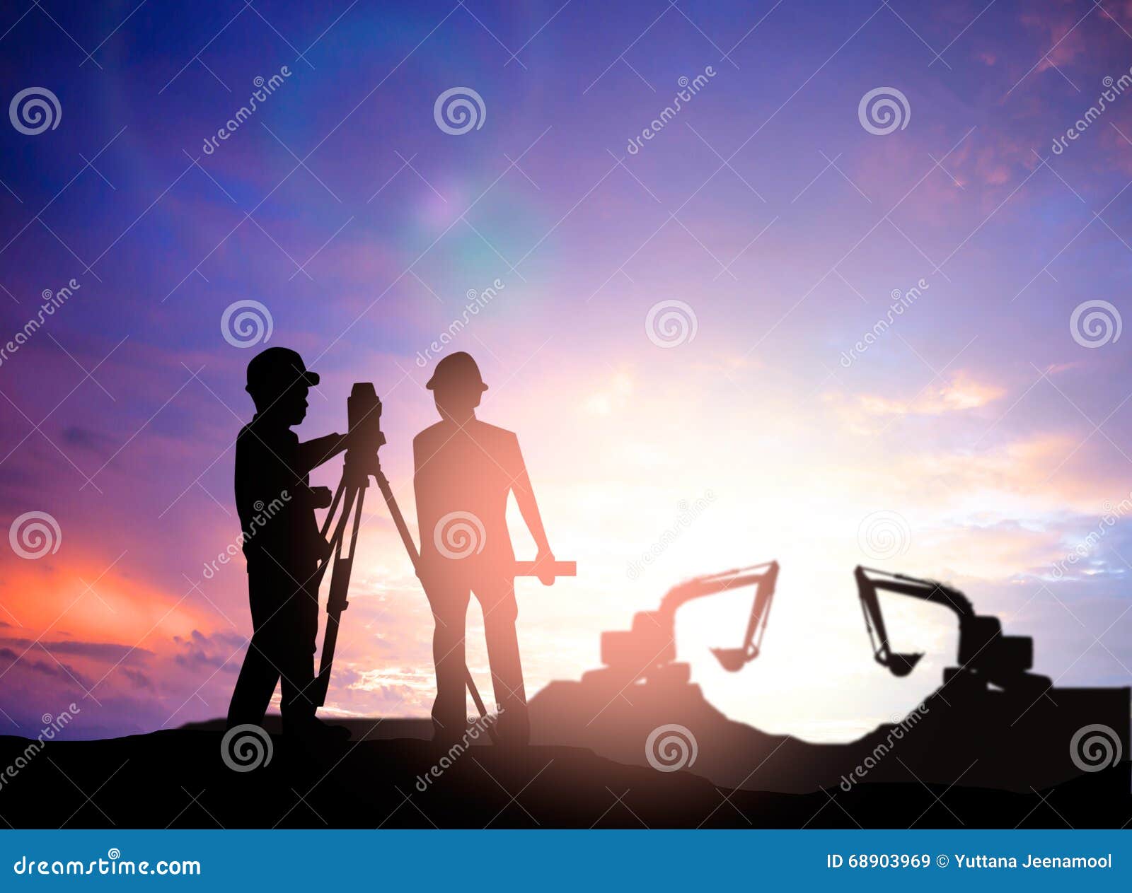 Silhouette Survey Engineer Working in a Building Site Over Blur Stock ...