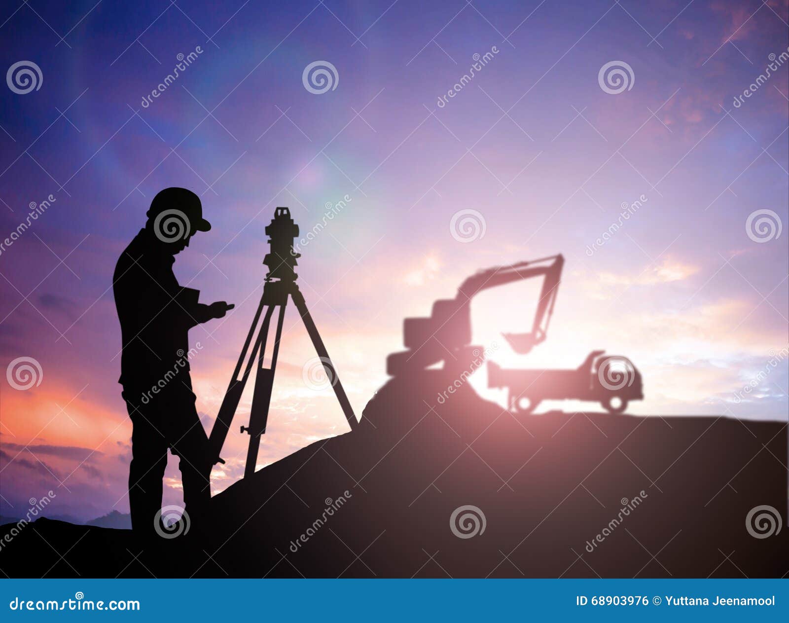 Silhouette Survey Engineer Working in a Building Site Over Blur Stock ...