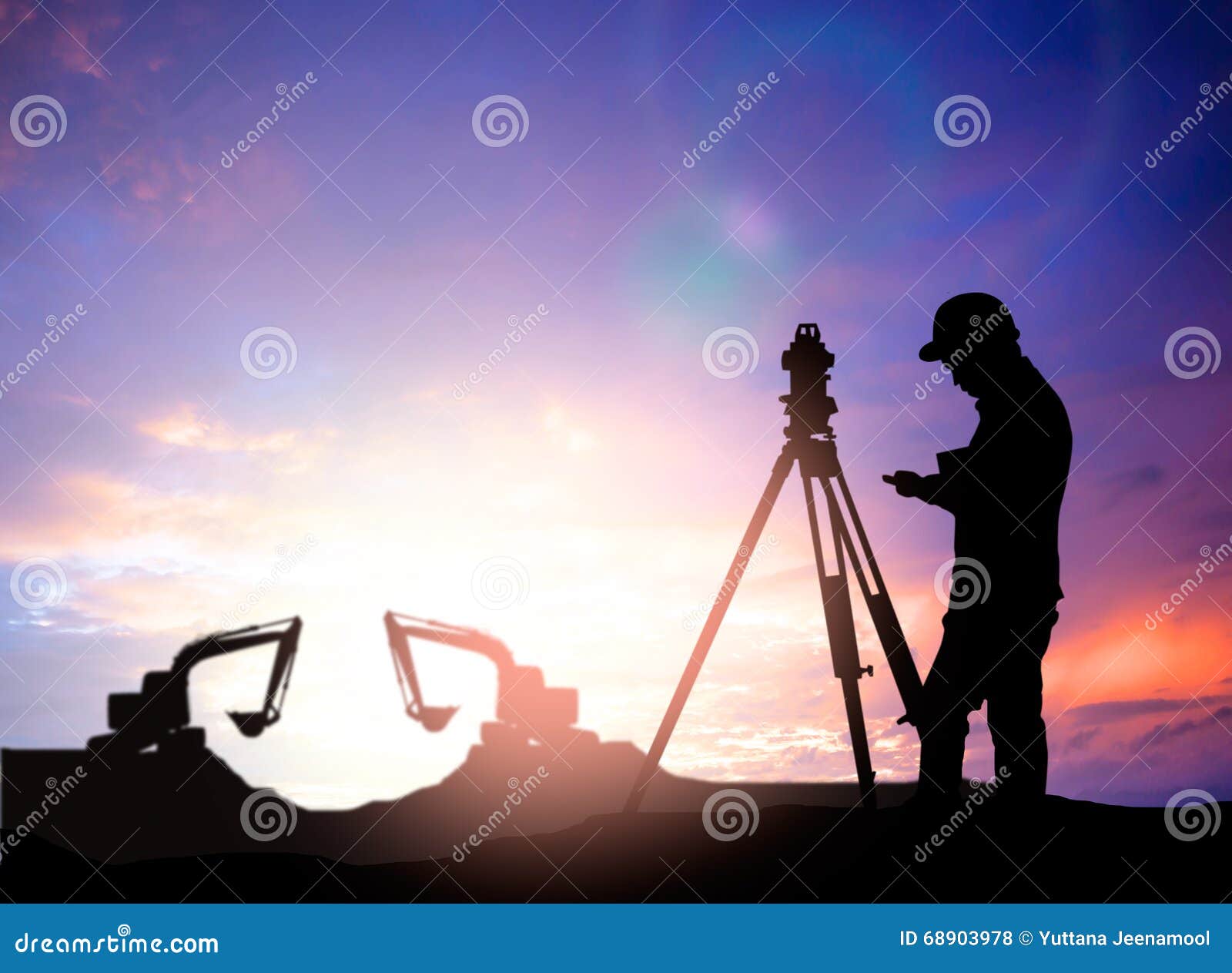 Silhouette Survey Engineer Working in a Building Site Over Blur Stock ...