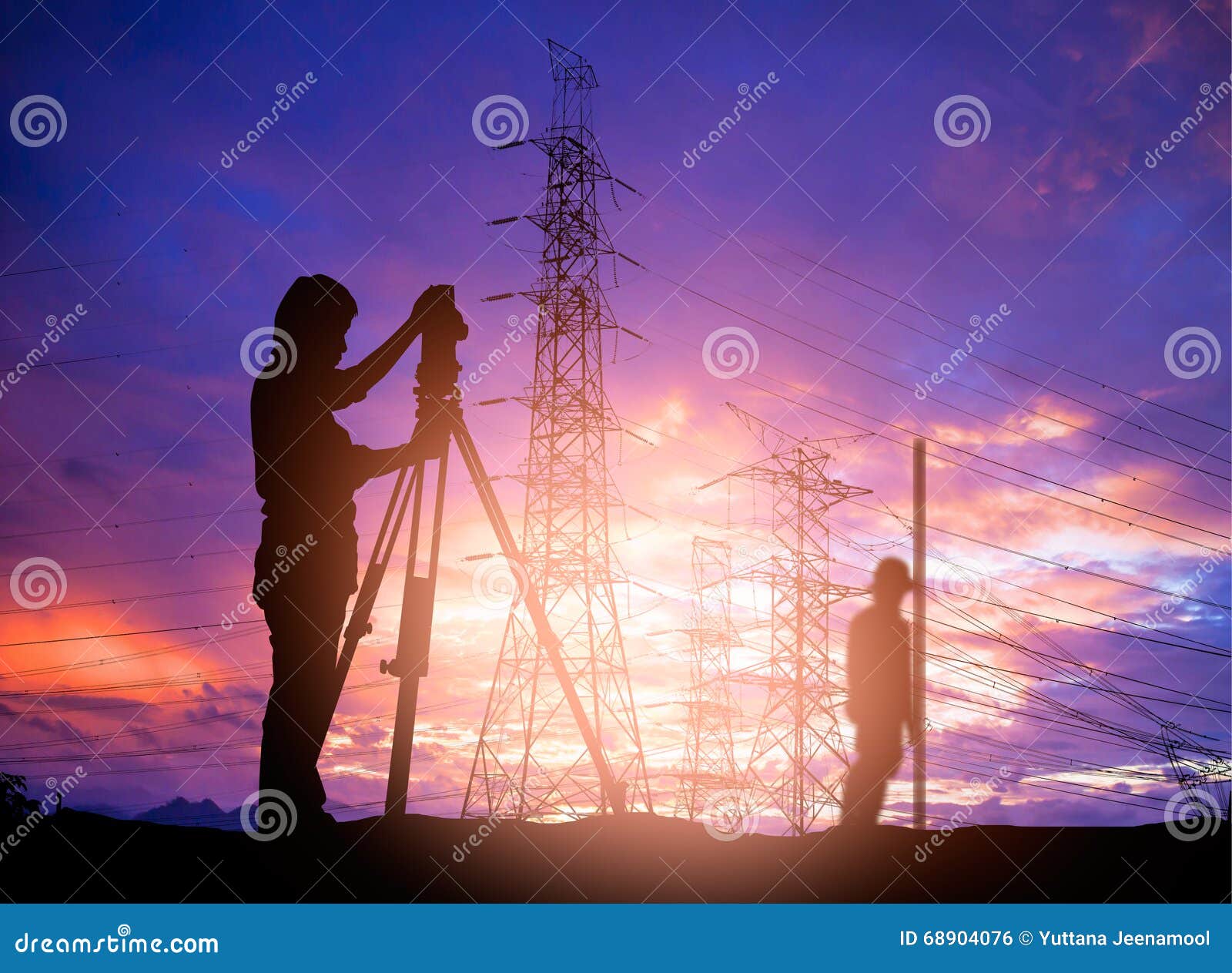 Silhouette Survey Engineer Working in a Building Site Over Blur Stock ...
