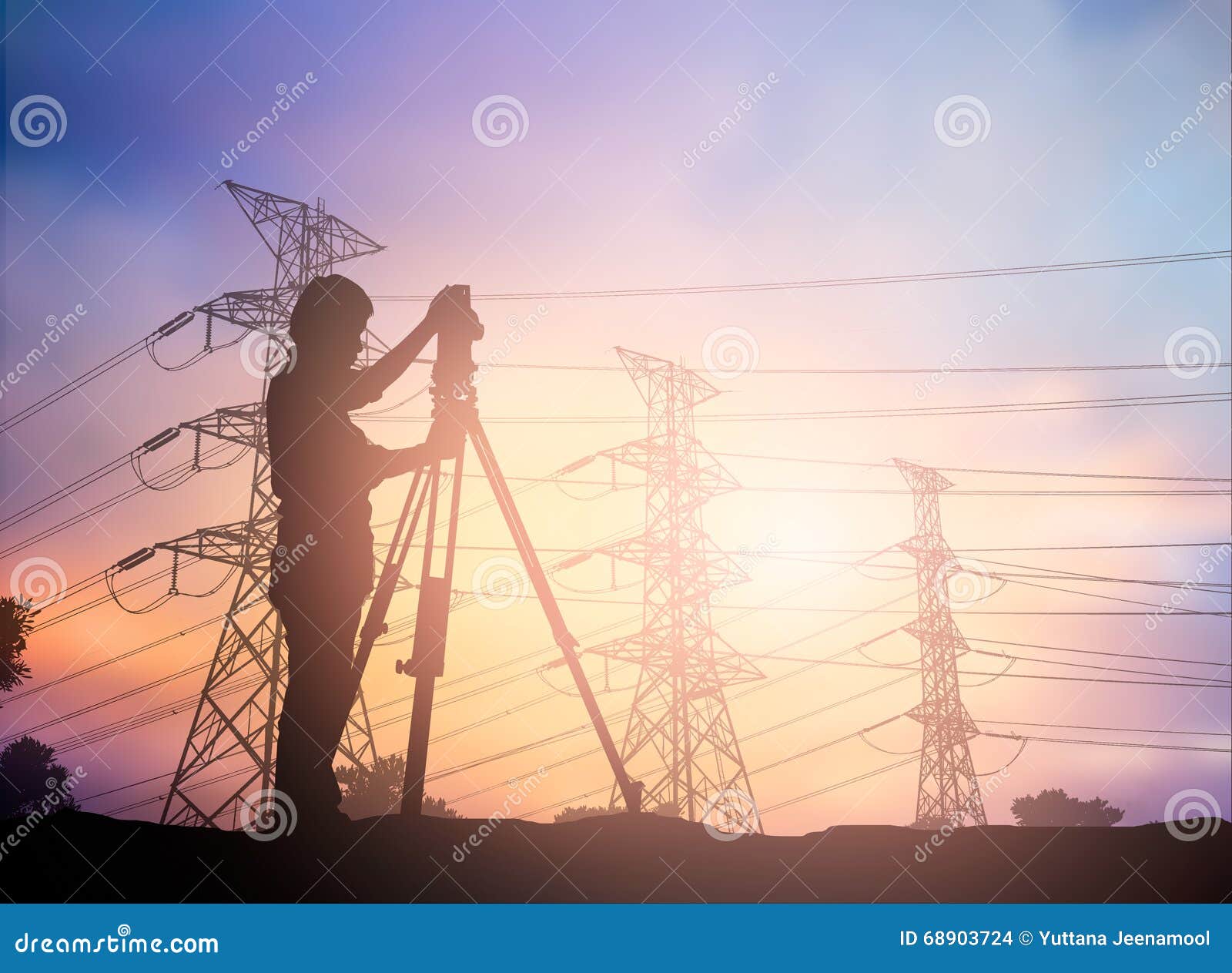 Silhouette Survey Engineer Working in a Building Site Over Blur Stock ...