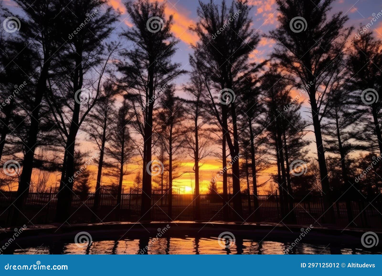Silhouette of Tall Trees Around a Hot Spring at Sunset Stock Photo ...
