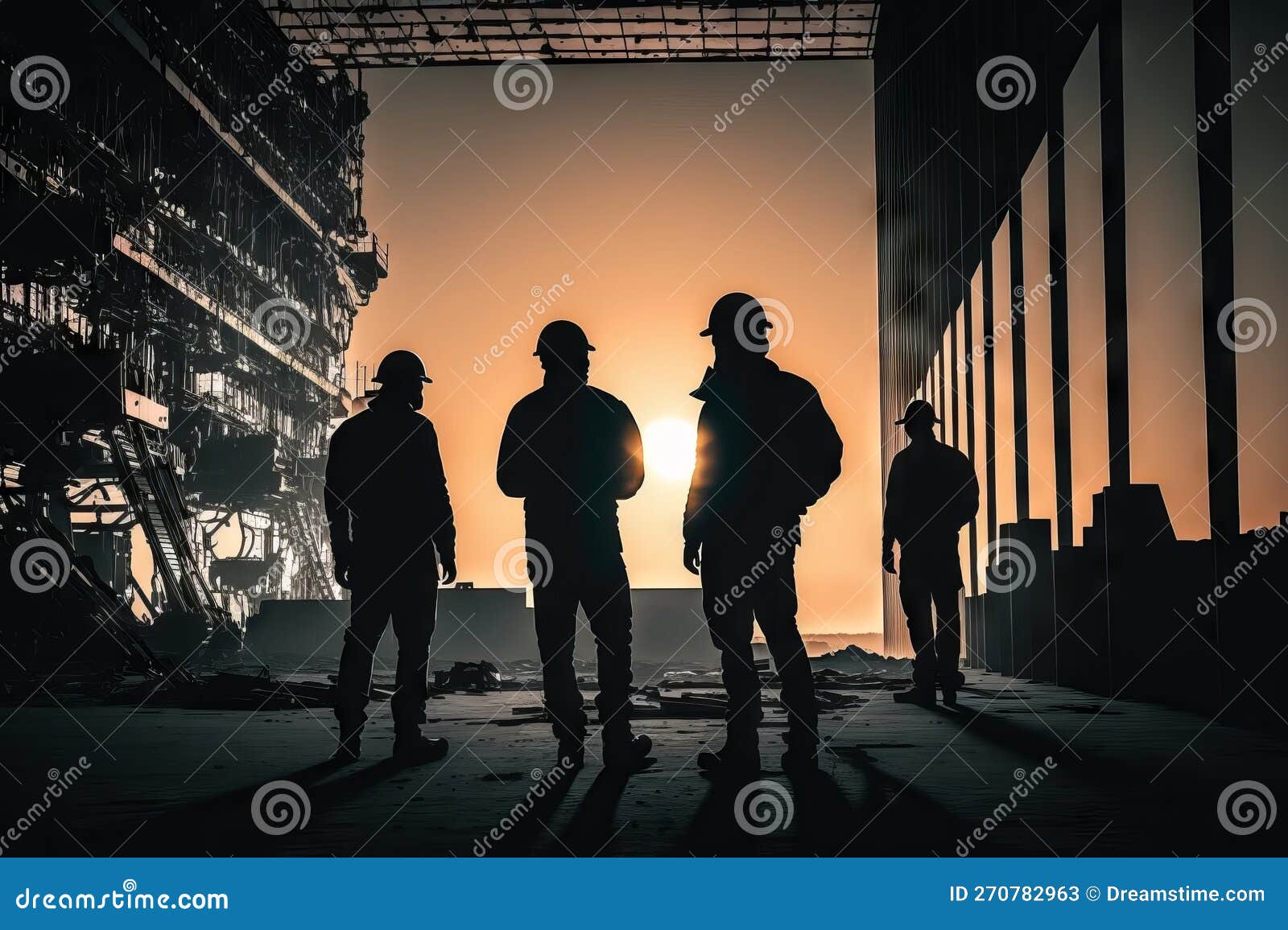 Silhouette Of Team Of Engineers On The Construction Site At Sunset ...