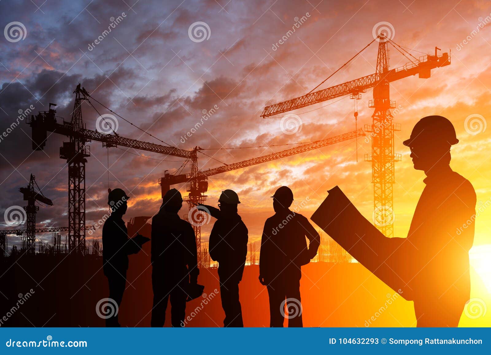 Silhouette Teams Engineer in a Building Site at Sunset Stock Image ...