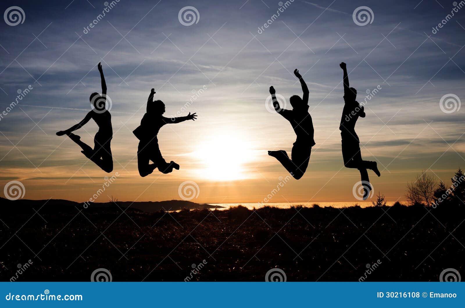 Teenagers Jumping in Sunset for Fun Stock Photo - Image of celebrate ...