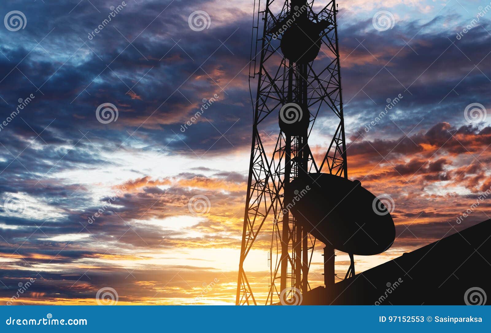 Silhouette, Telecommunication Towers With TV Antennas And Satellite ...