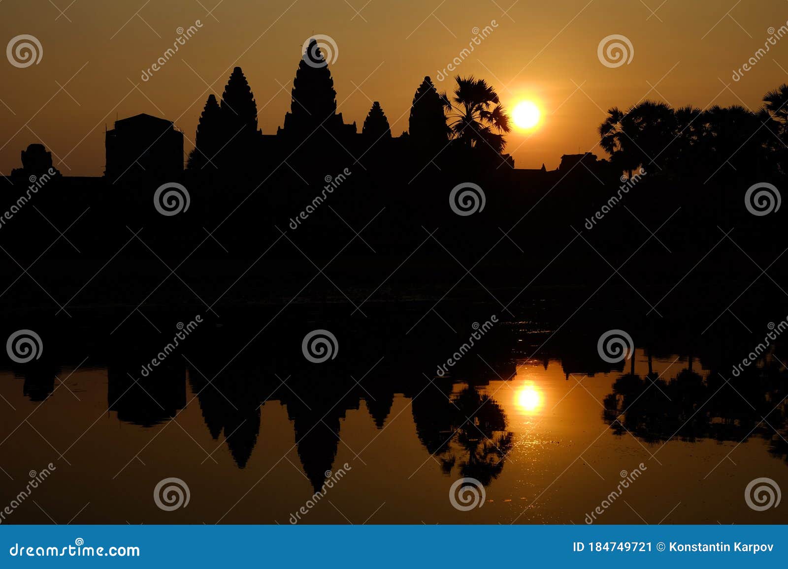 Silhouette of the Temple Angkor Wat and Its Reflection in the Lake at ...