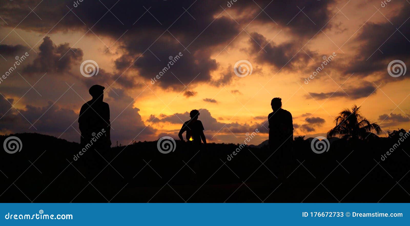 Silhouette of Three Explorers after Sunset Stock Image - Image of ...