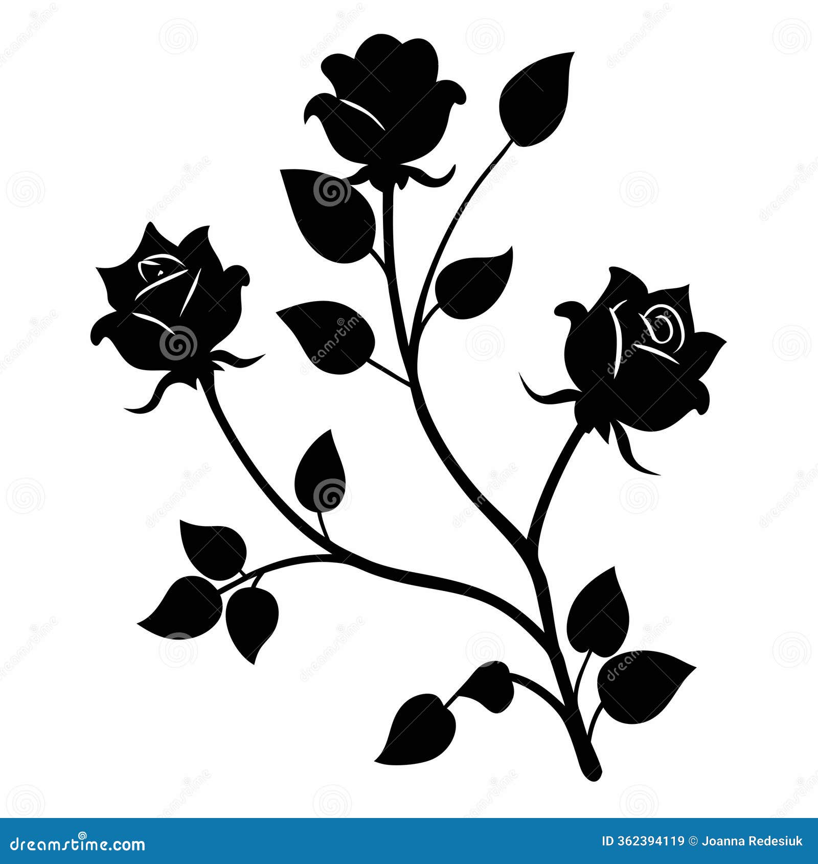 Silhouette Three Roses with Curving Stems and Leaves Create a Striking ...