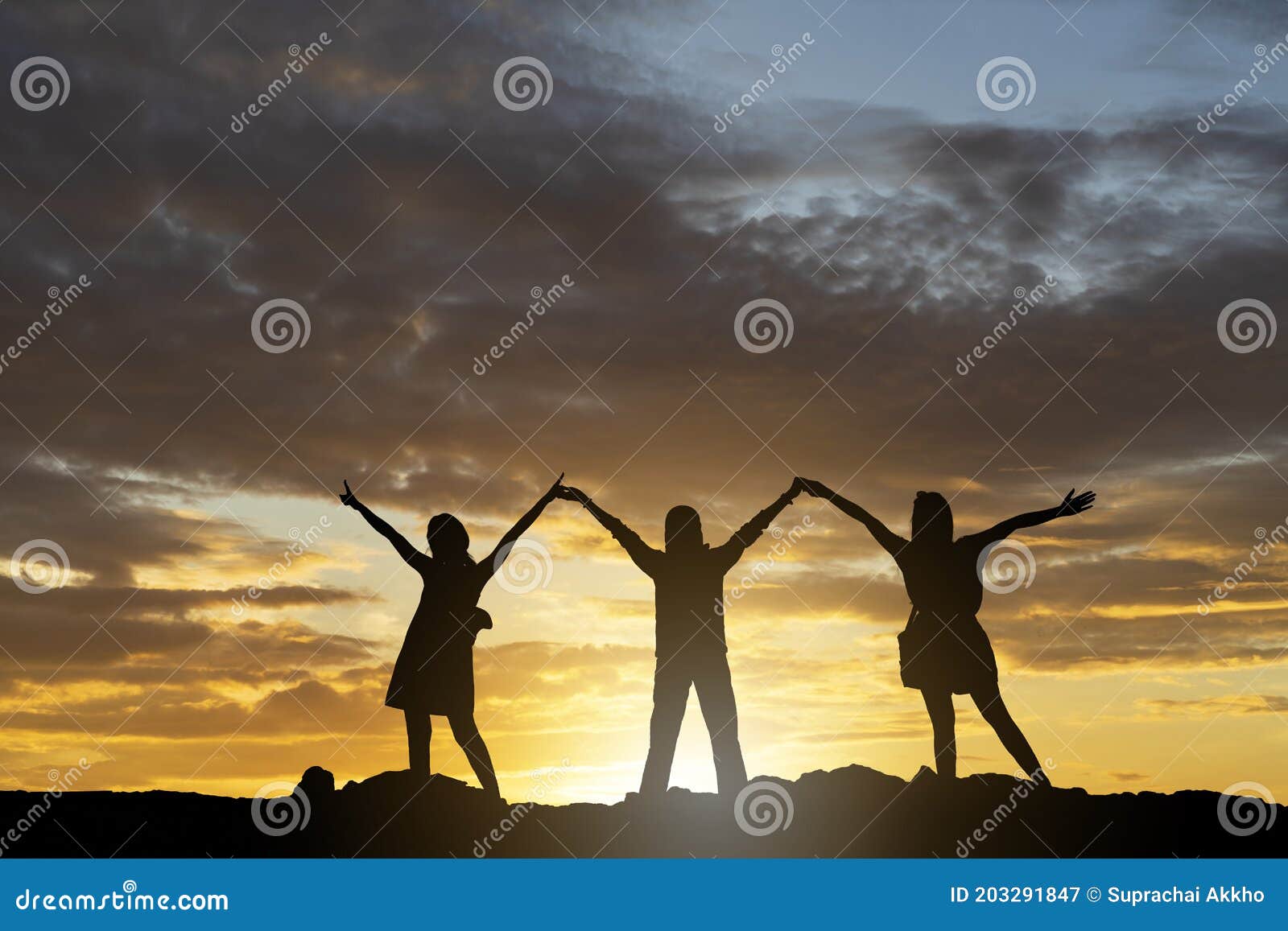 Silhouette Three Young People Standing on Sunset Background Stock Image ...