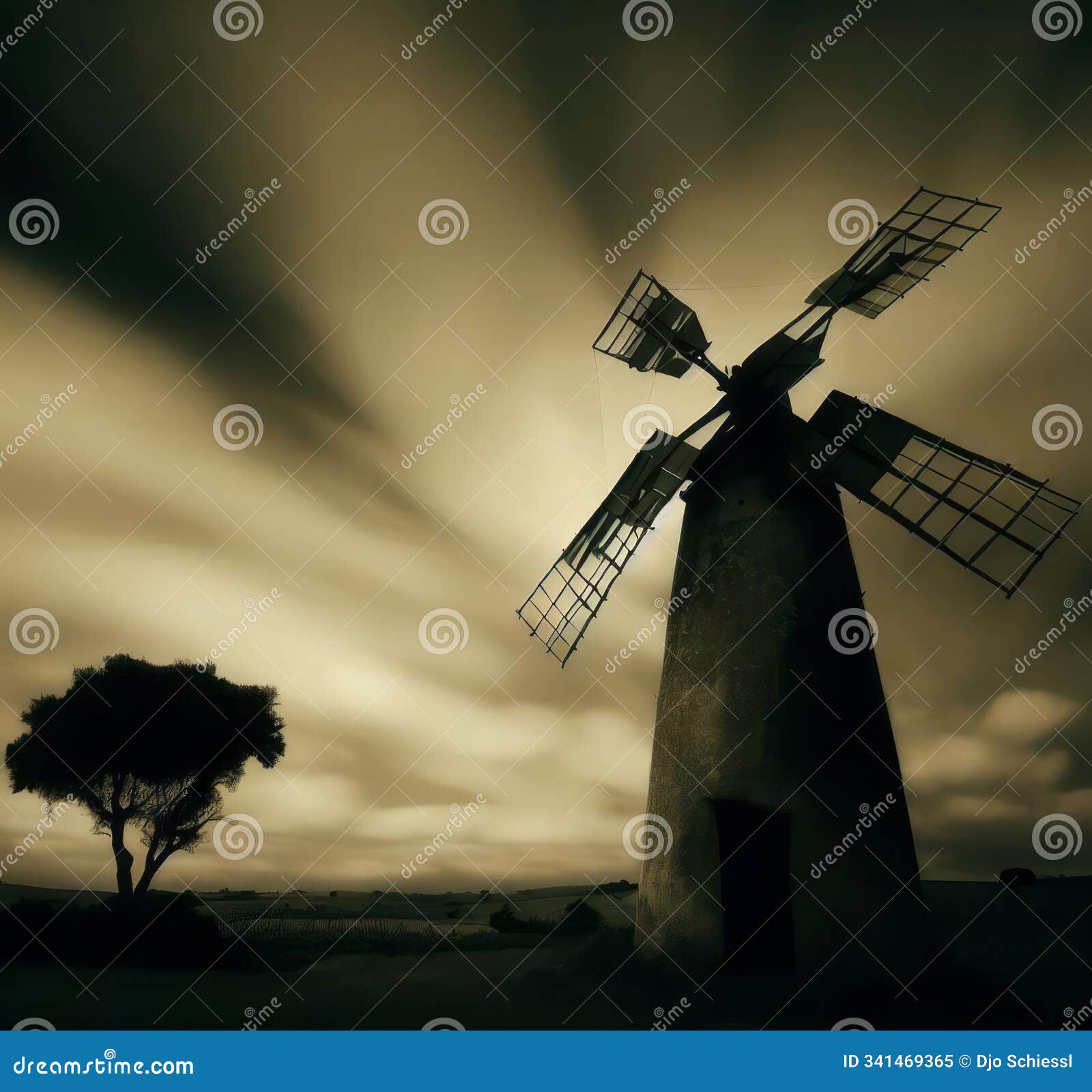 Windmill Silhouette stock illustration. Illustration of light - 341469365