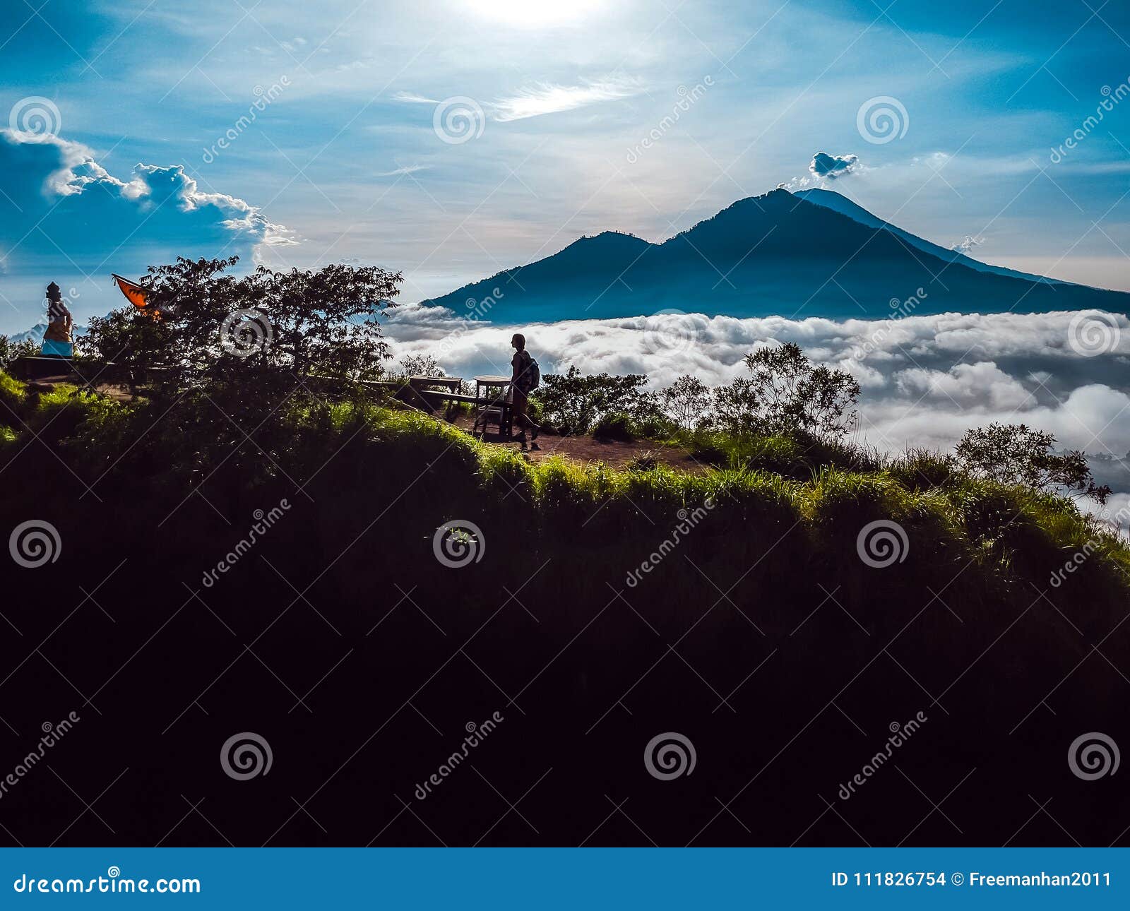 The Silhouette of a Traveler on a Background of Mountains and Clouds ...