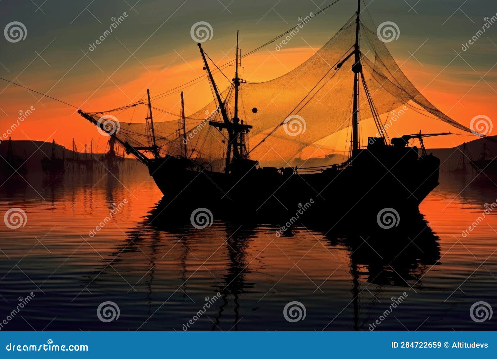 Silhouette of Trawler and Fishing Nets at Dusk Stock Illustration ...