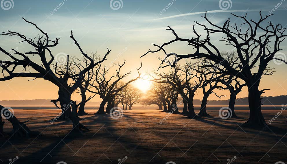 Silhouette of Tree Branch Backlit by Sunset, Nature Beauty Generated by ...