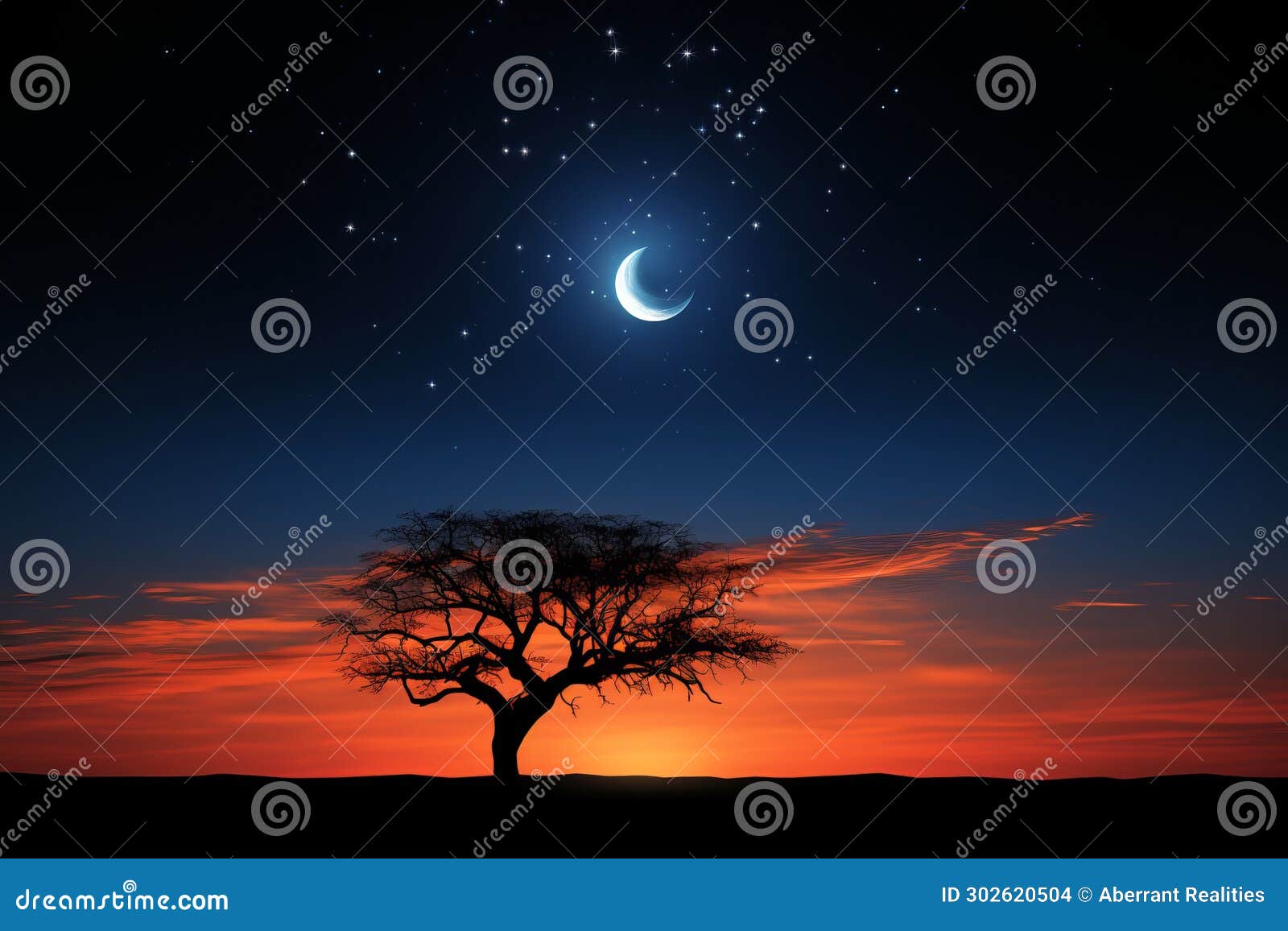 A Silhouette of a Tree and a Crescent Moon at Sunset Stock Illustration ...