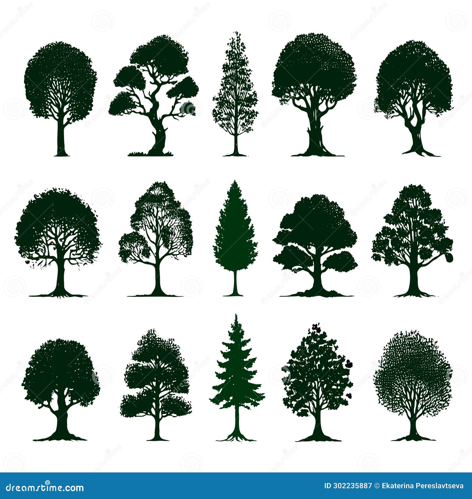 Silhouette Tree Drawing Set, Side View, Sketch Set of Graphics Trees ...